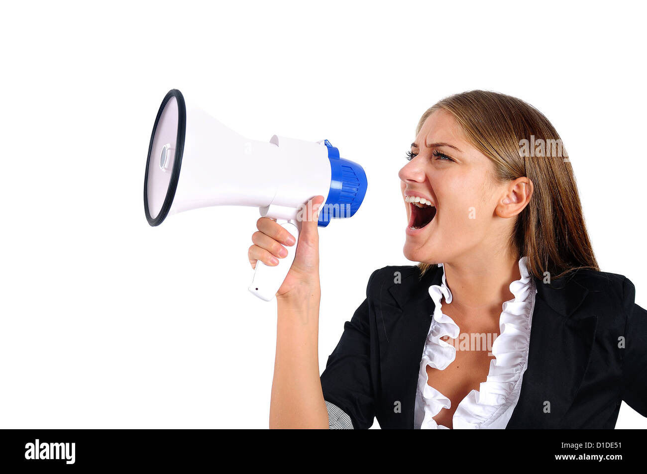 Isolated young business woman with loudspeaker Stock Photo - Alamy