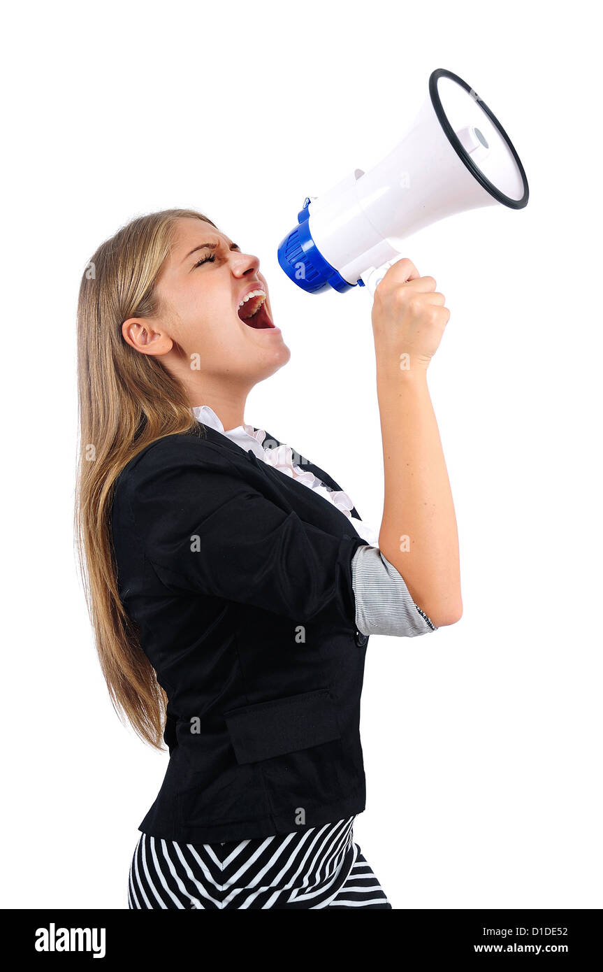 Isolated young business woman with loudspeaker Stock Photo - Alamy