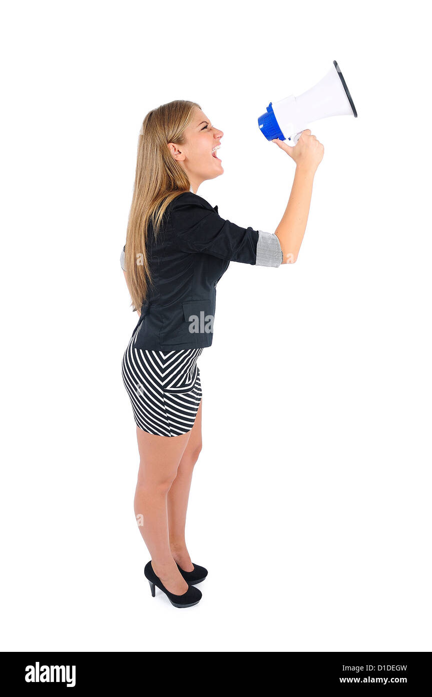 Isolated young business woman with loudspeaker Stock Photo - Alamy