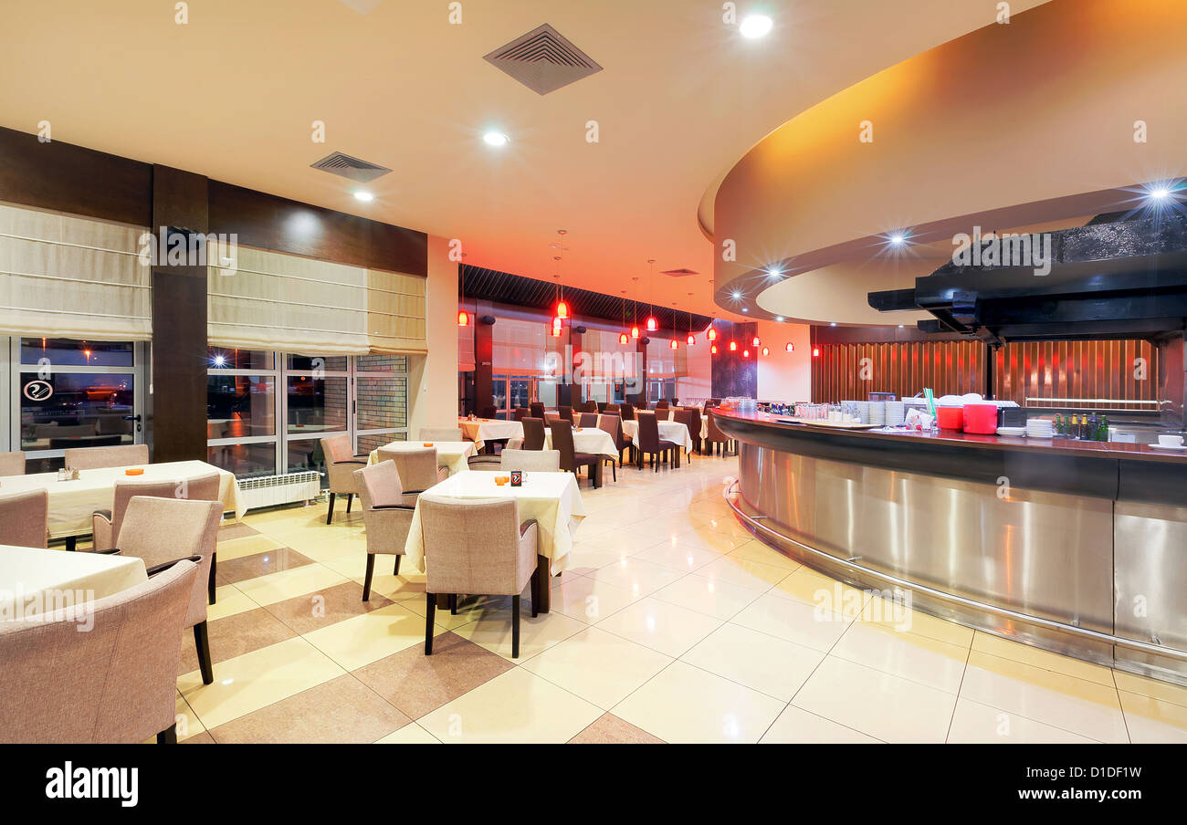 Modern restaurant interior, part of a hotel, night scene Stock Photo ...