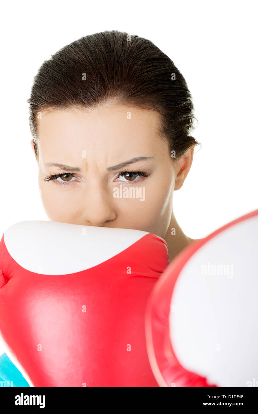 Boxer woman. Boxing fitness woman wearing red boxing gloves Stock Photo ...