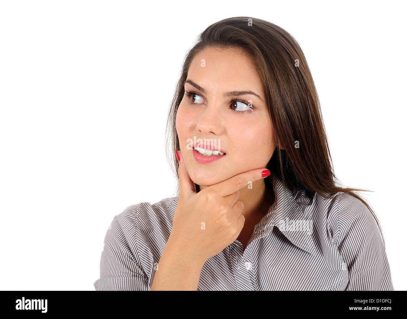 Isolated young business woman thinking Stock Photo - Alamy