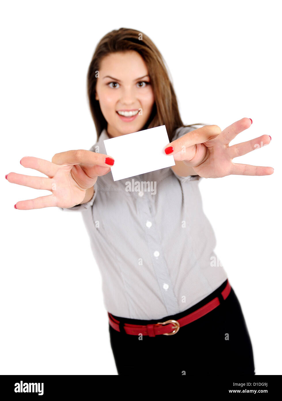 Isolated young business woman showing card Stock Photo - Alamy