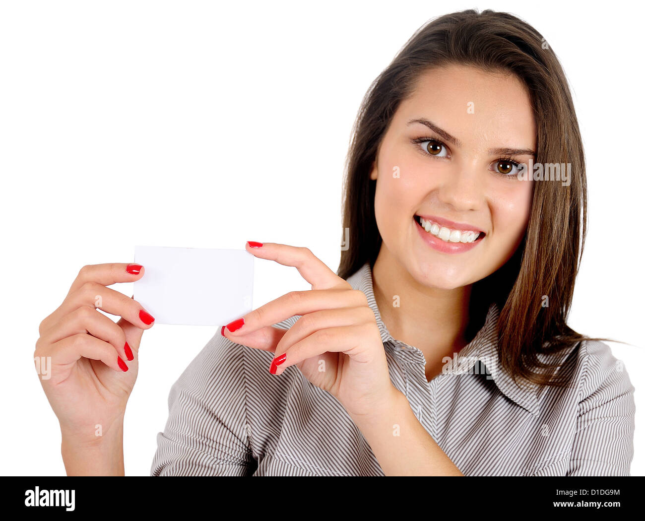 Isolated young business woman showing card Stock Photo - Alamy