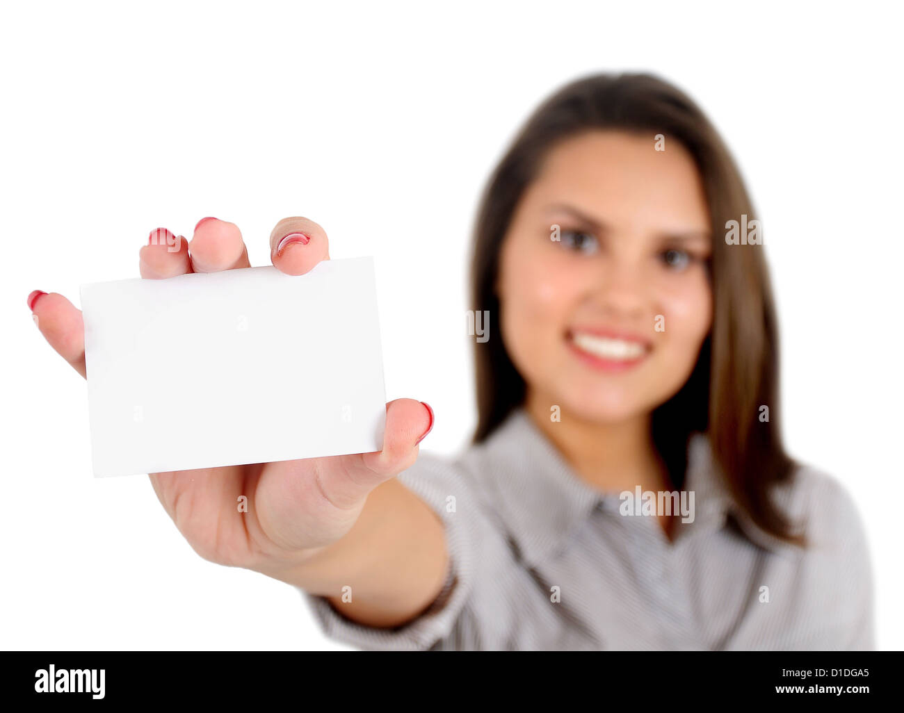 Isolated young business woman showing card Stock Photo - Alamy