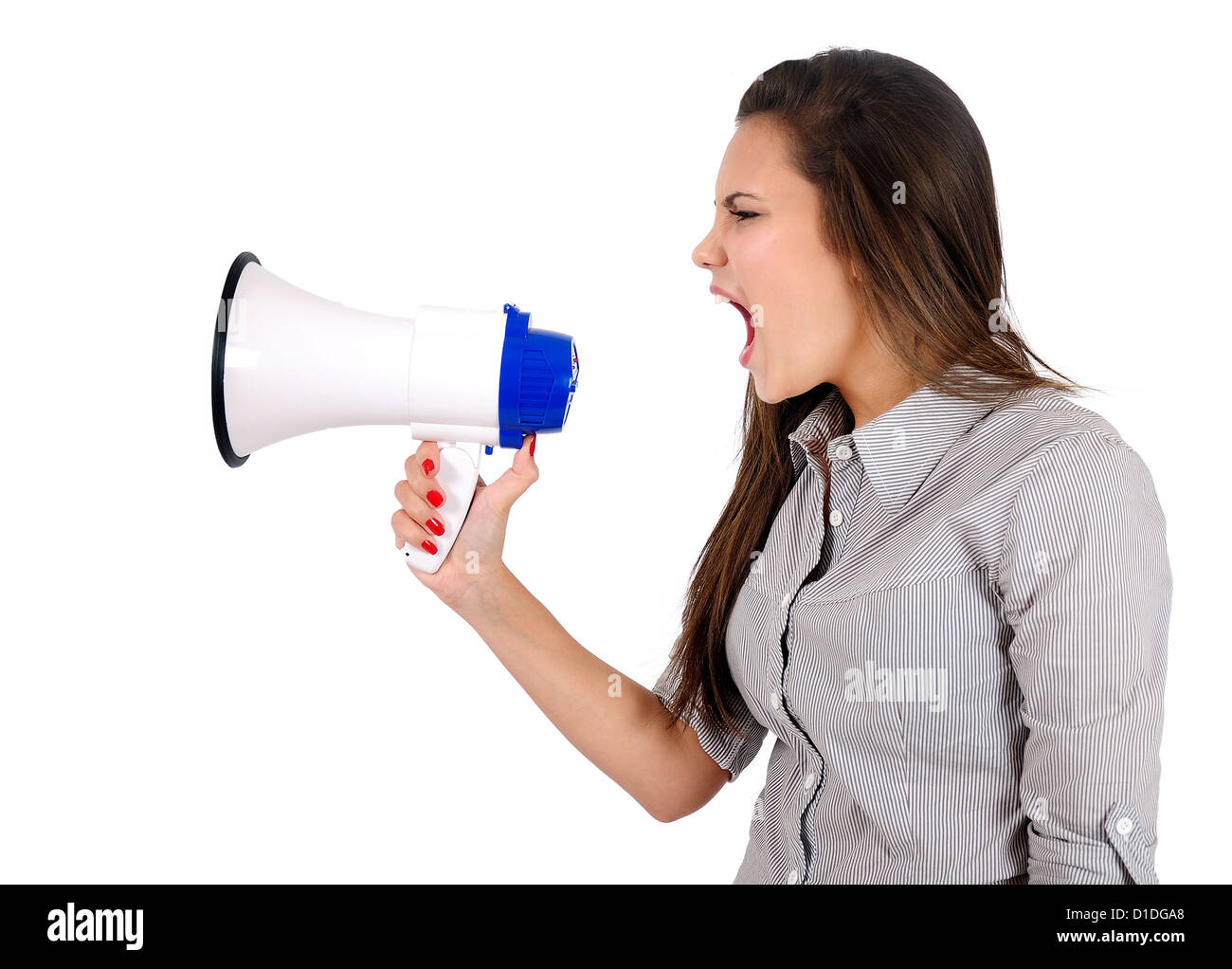 Isolated young business woman with megaphone Stock Photo - Alamy