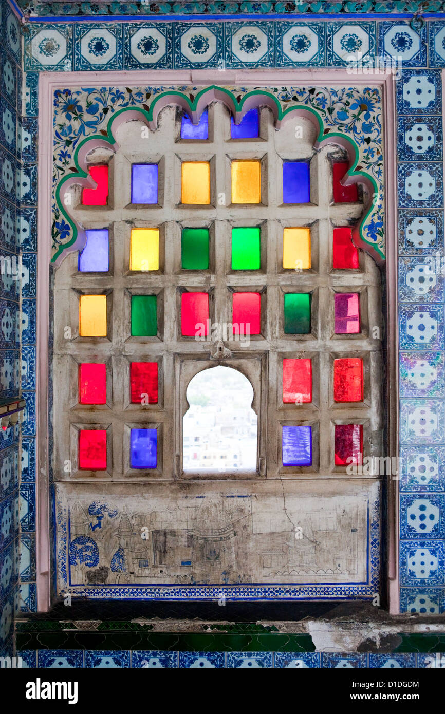 A stained glass window inside City Palace, Udaipur Stock Photo - Alamy