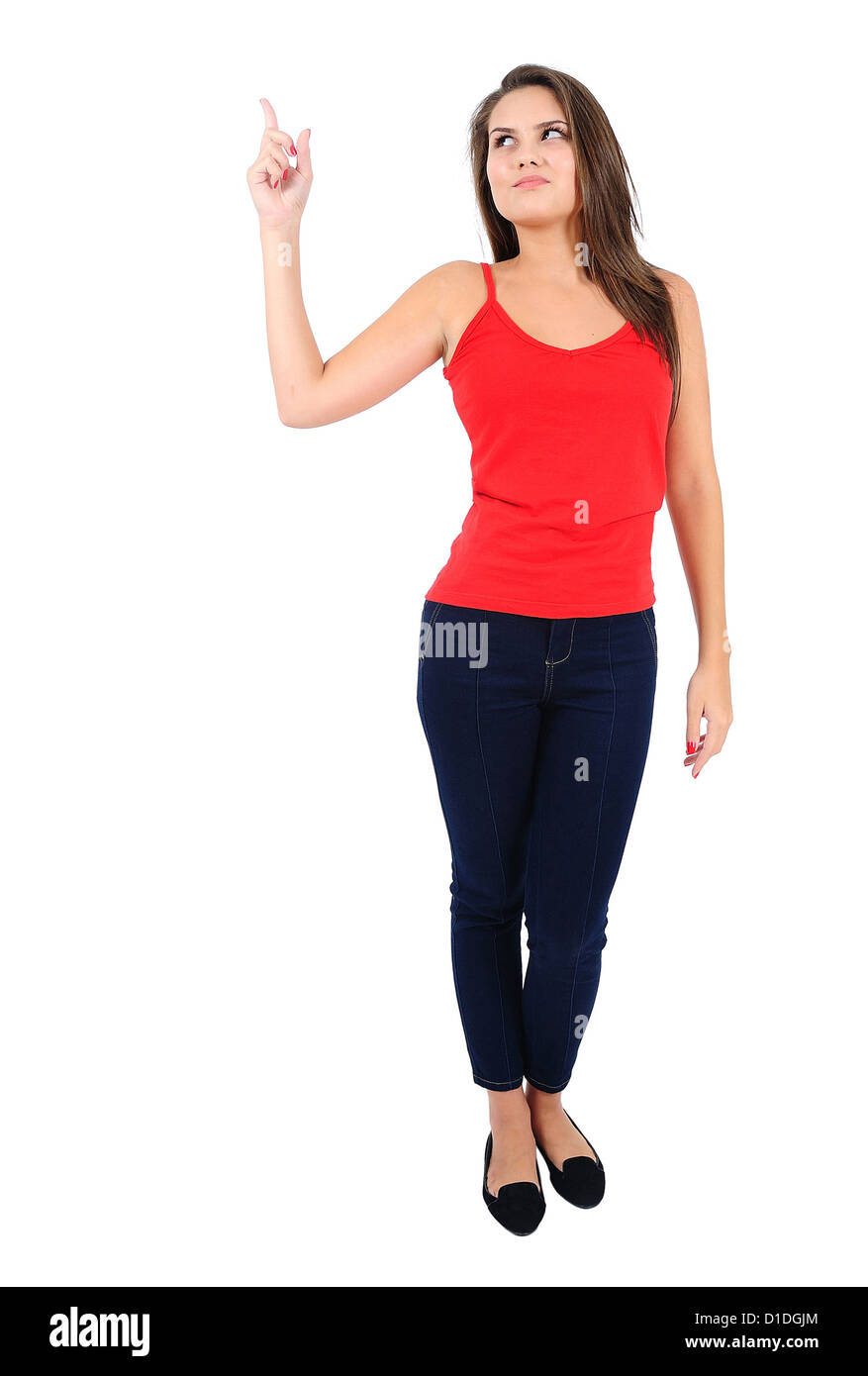 Isolated young casual girl pointing Stock Photo - Alamy