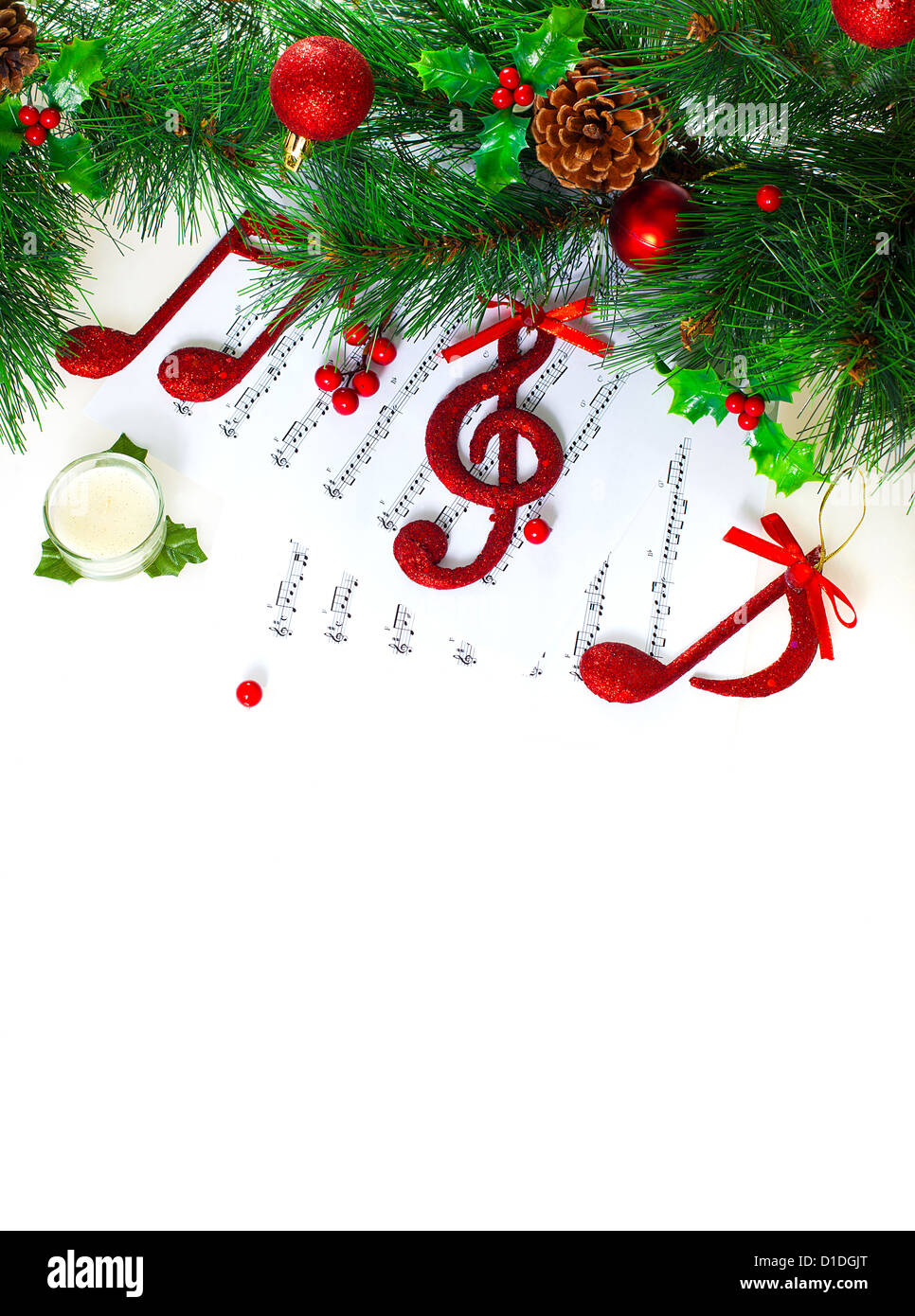 Photo of Christmastime treble clef, red musical symbol on note pages ...