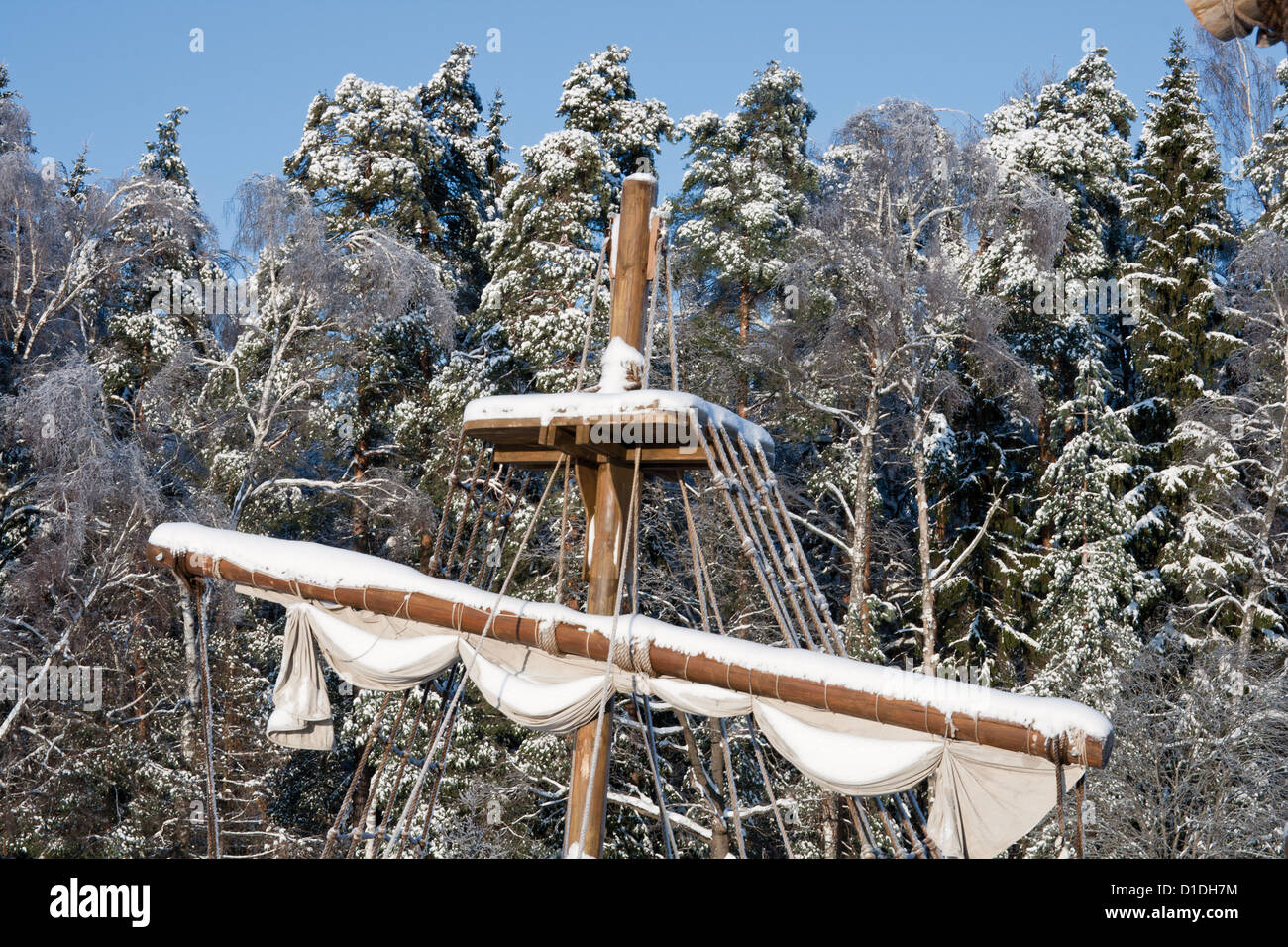 Vintage sail ship masts snow covered on a sunny day Stock Photo - Alamy