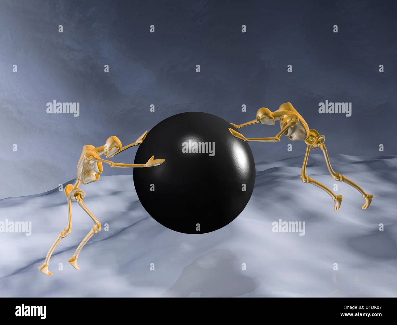 two mannikin figures pushing a ball against one another Stock Photo - Alamy