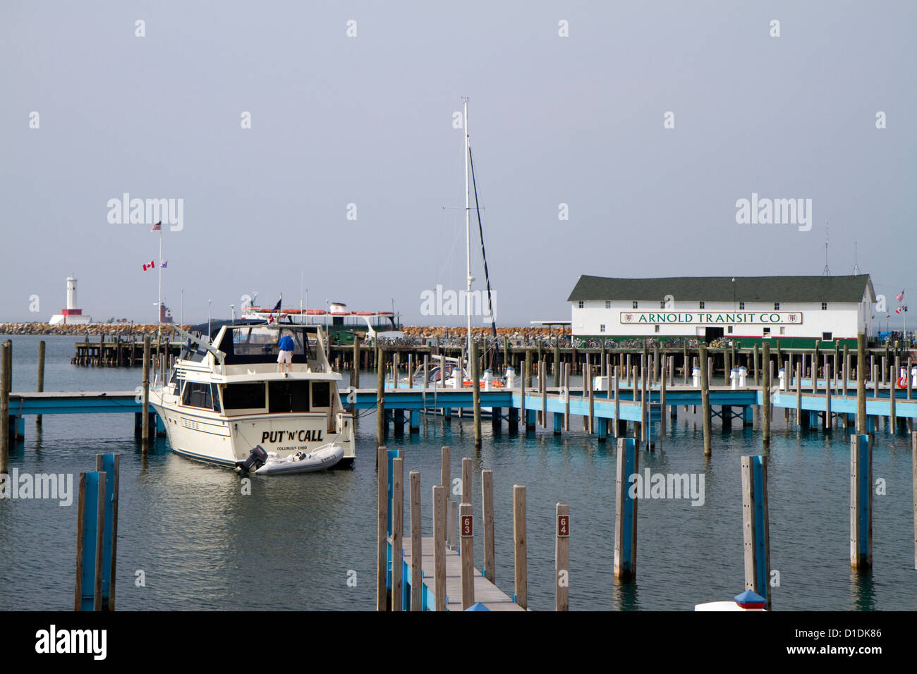 Lakefront historic buildings on Mackinac Island located in Lake Huron ...