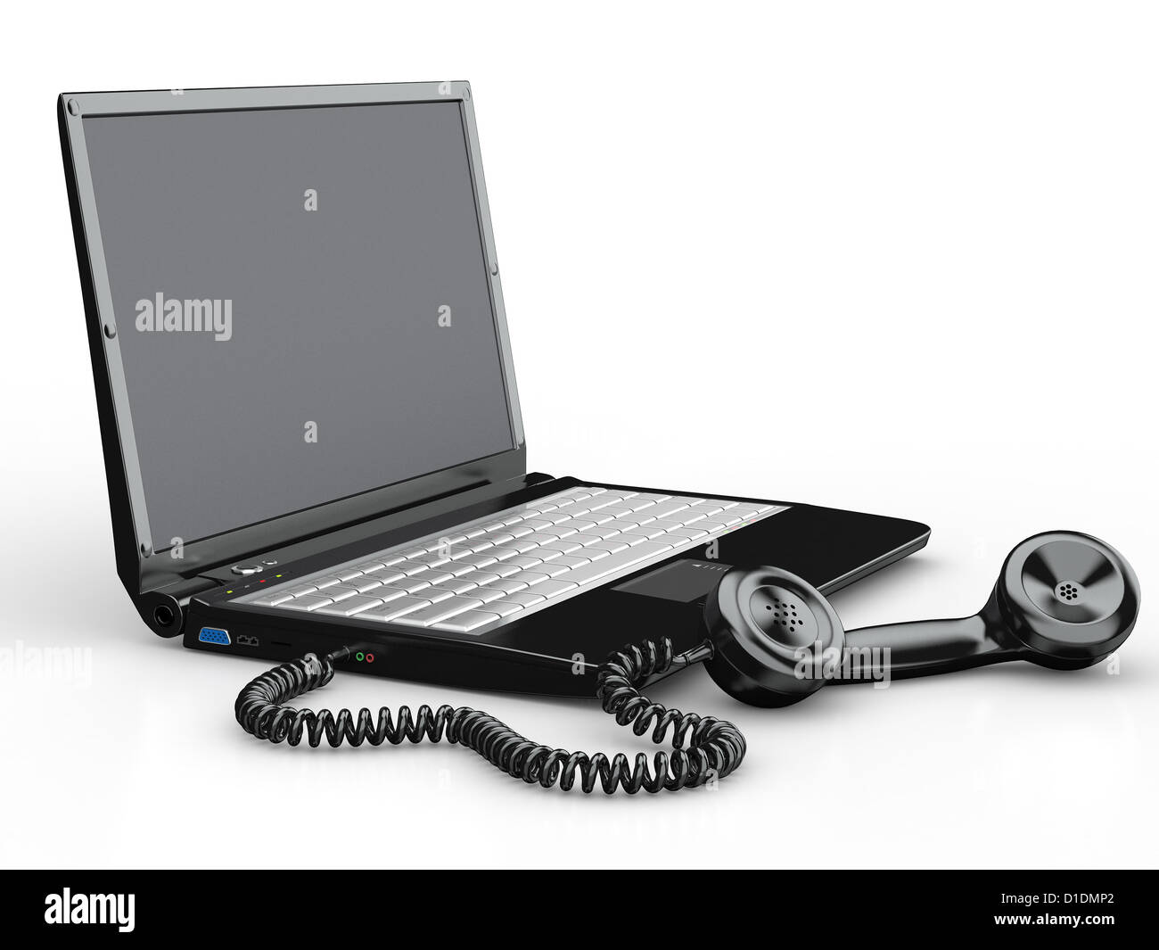 Laptop with old-fashioned phone reciever on white background. 3d Stock ...
