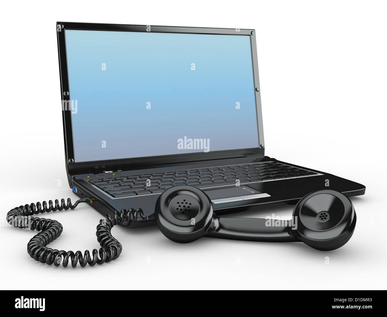 Laptop with old-fashioned phone reciever on white background. 3d Stock ...