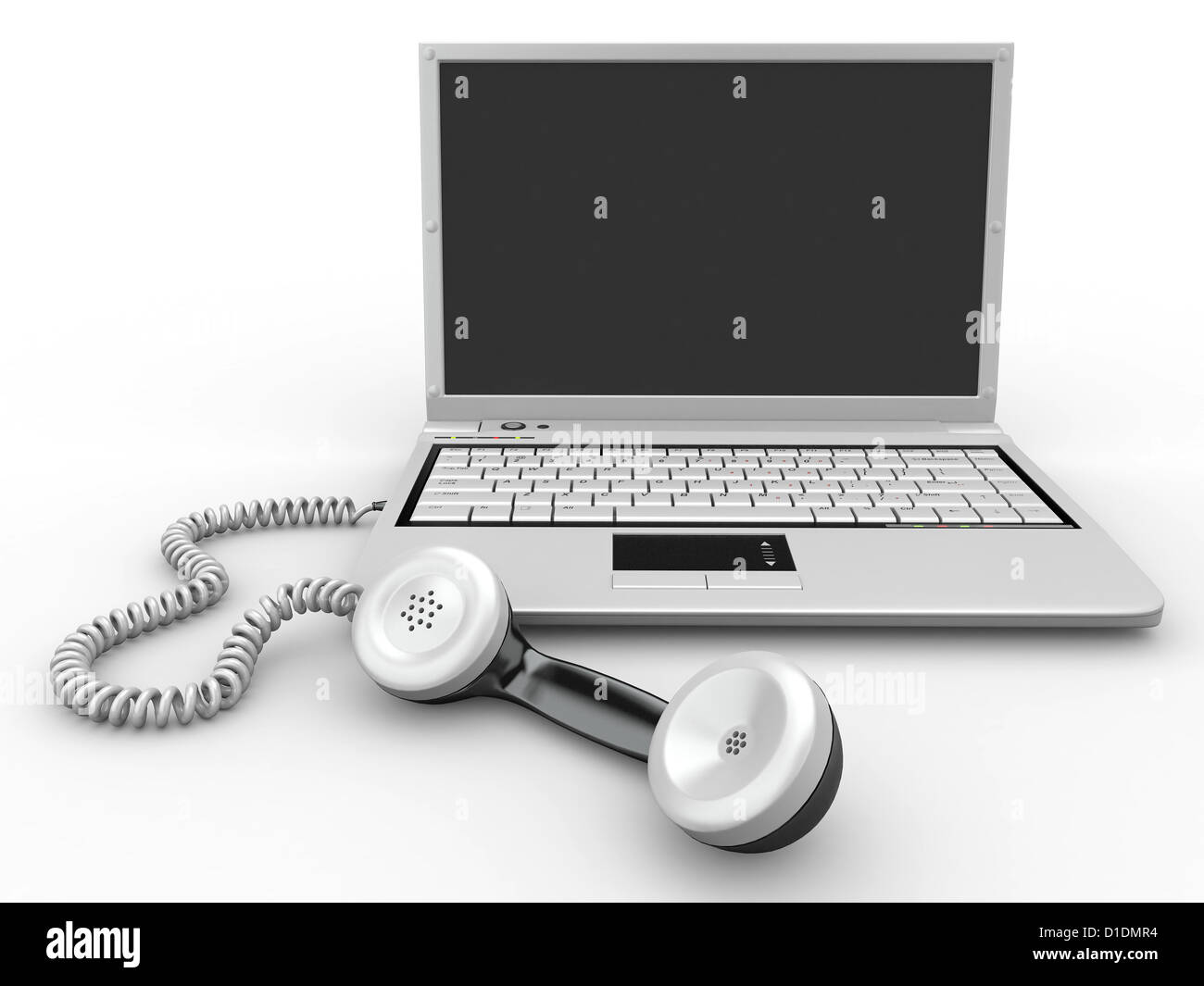 Laptop with old-fashioned phone reciever on white background. 3d Stock ...