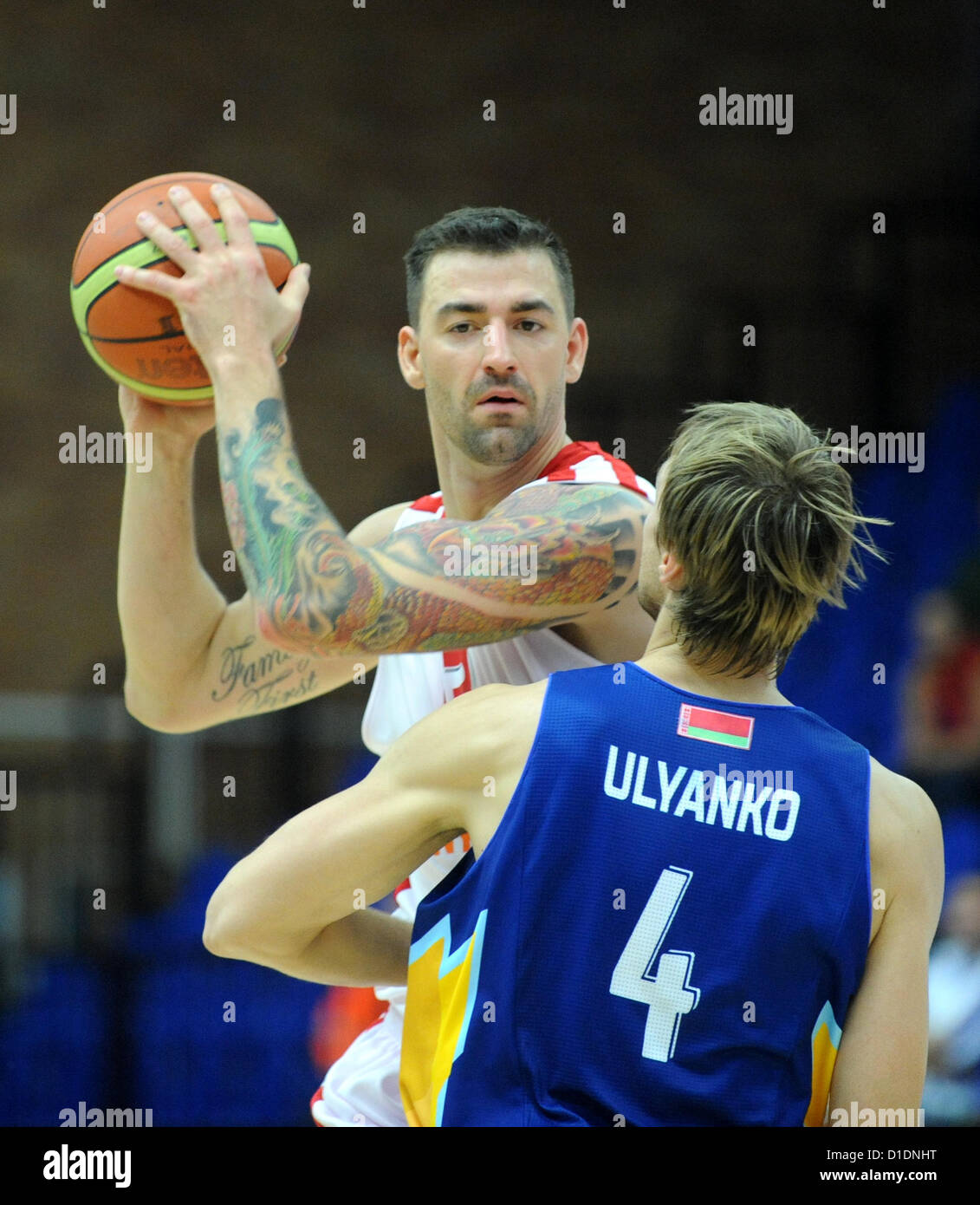Radoslav Rancik (left, CZE) and Pavel Ulyanko (BLR) during basketball ...
