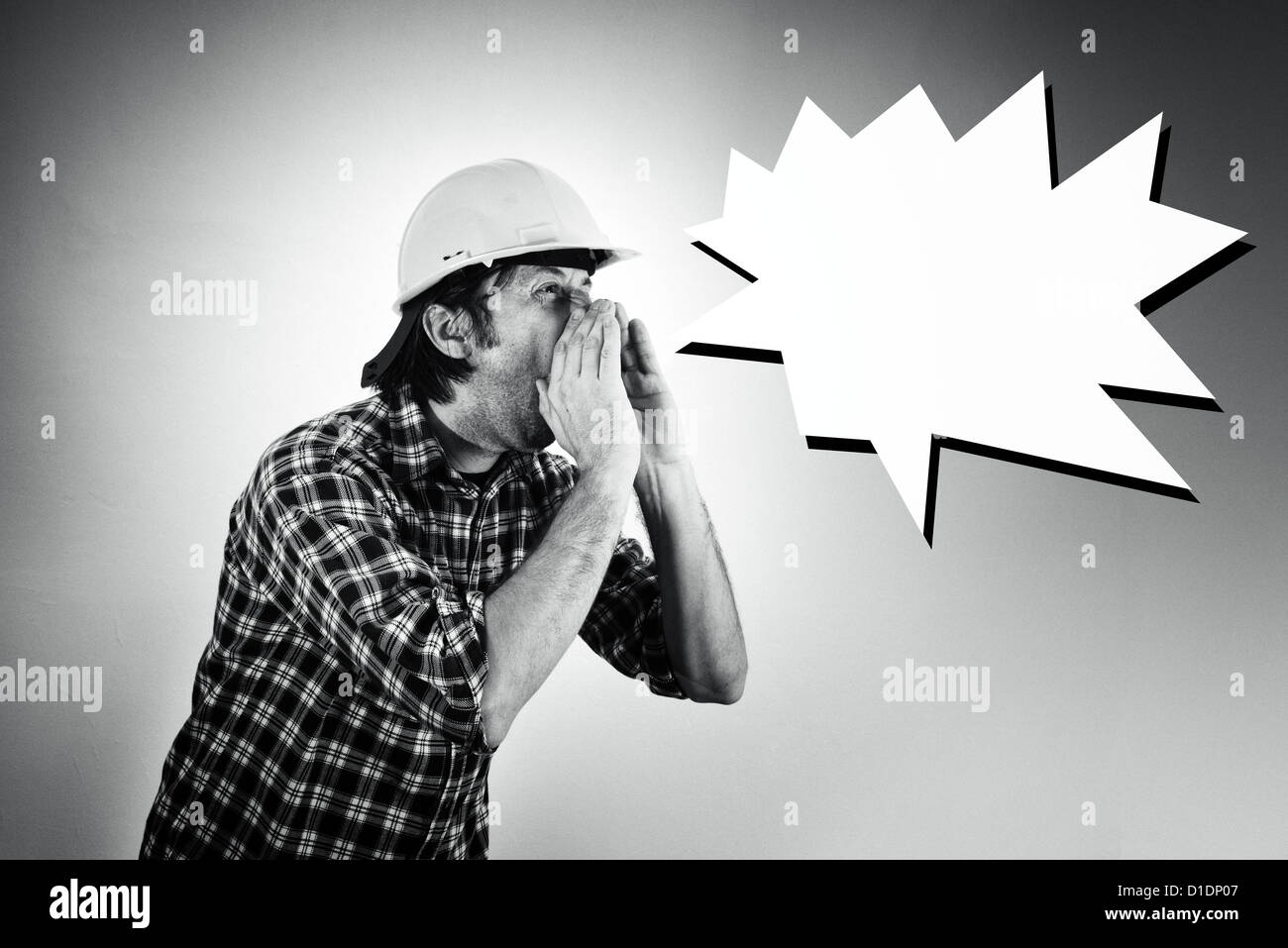 Construction worker shouting with hands on mouth, black and white retro ...