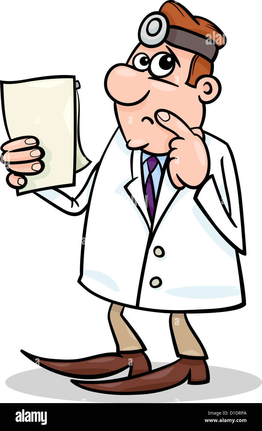 Cartoon Illustration of Thinking Male Medical Doctor in White Coat with ...