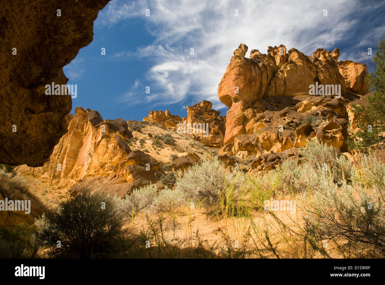 OREGON - Weathered, eroded and pitted walls and spires of volcanic tuff ...