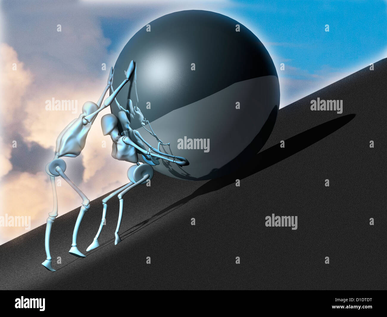 Illustration of a male and female mannikin pushing a heavy load uphill ...