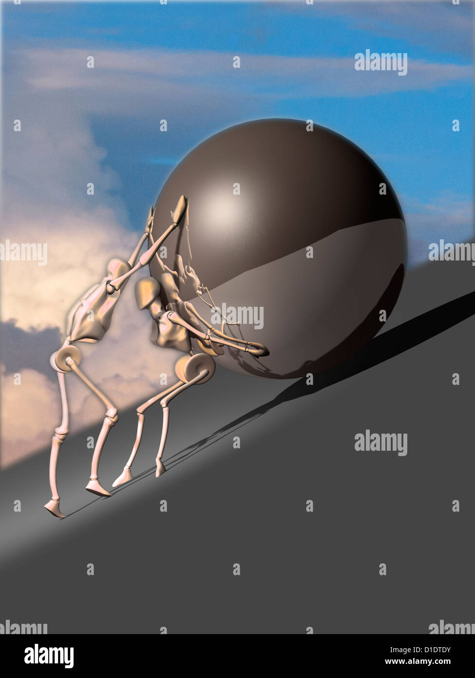 Illustration of a male and female mannikin pushing a heavy load uphill ...