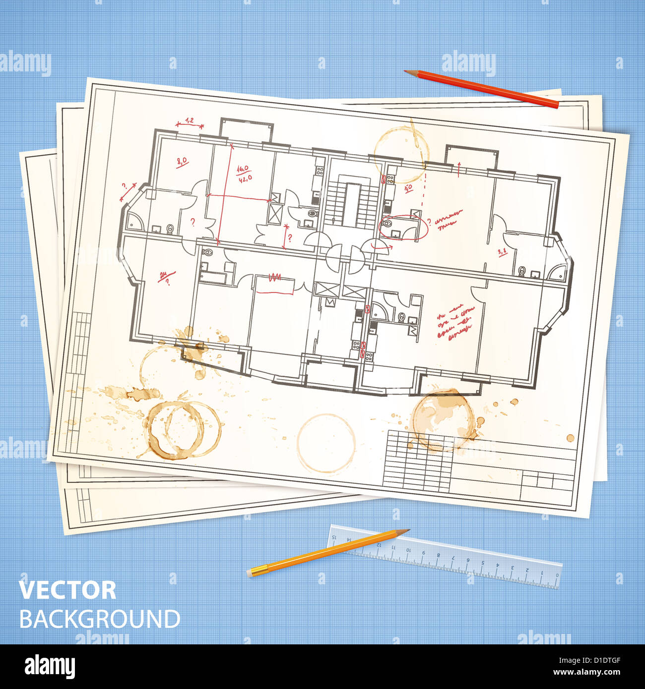Architectural papers with sketches on the blue millimeter paper Stock ...
