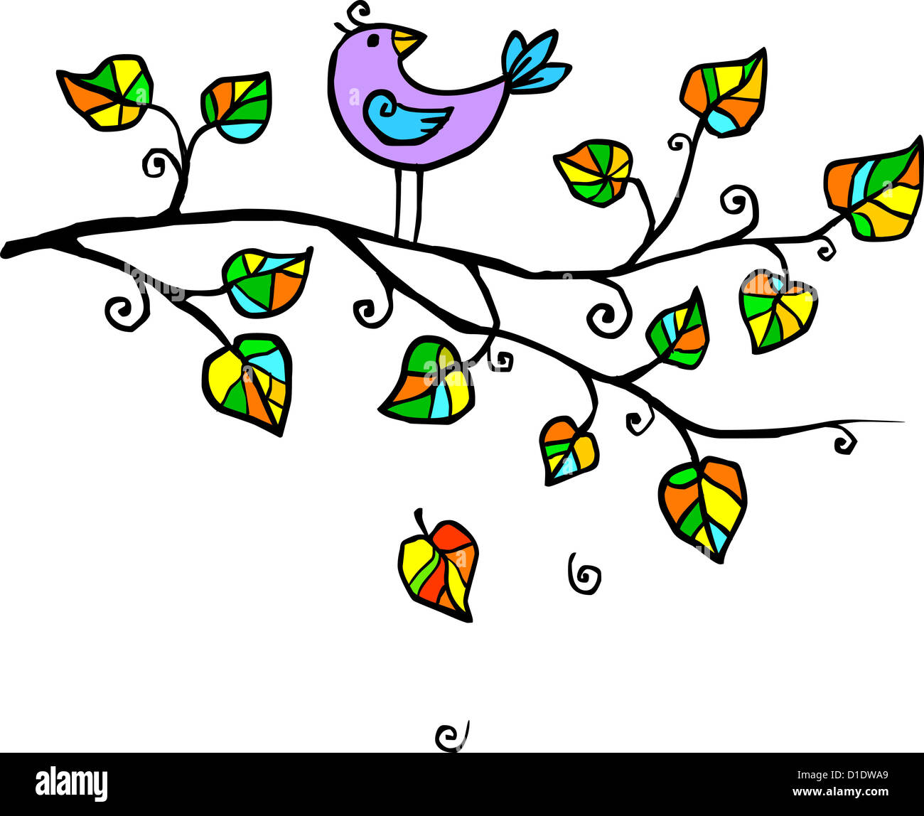 little violet bird on ink painted leaves Stock Photo - Alamy