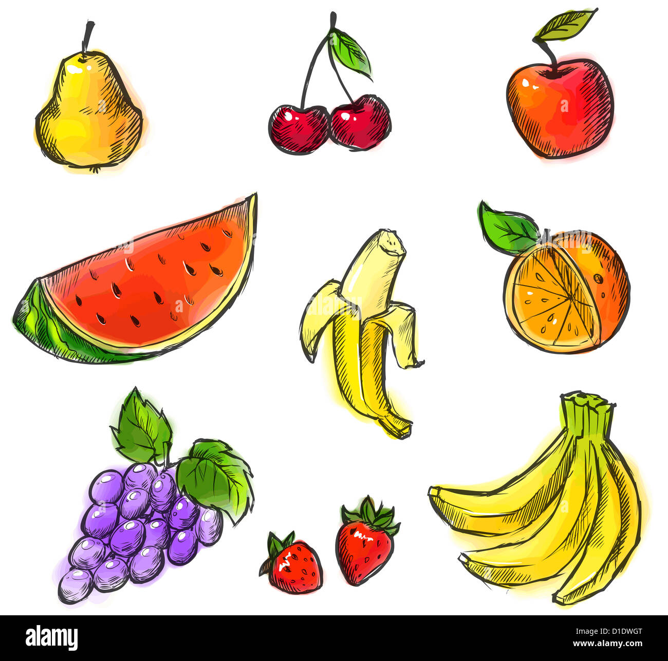 Colorful Fruits Collection created from original hand draw Stock Photo ...