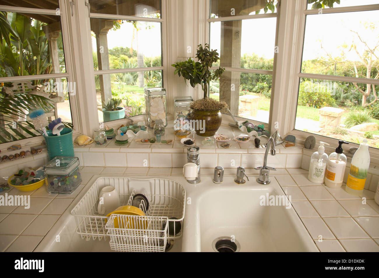 Kitchen sink in corner with windows; Carpinteria; California; USA Stock ...