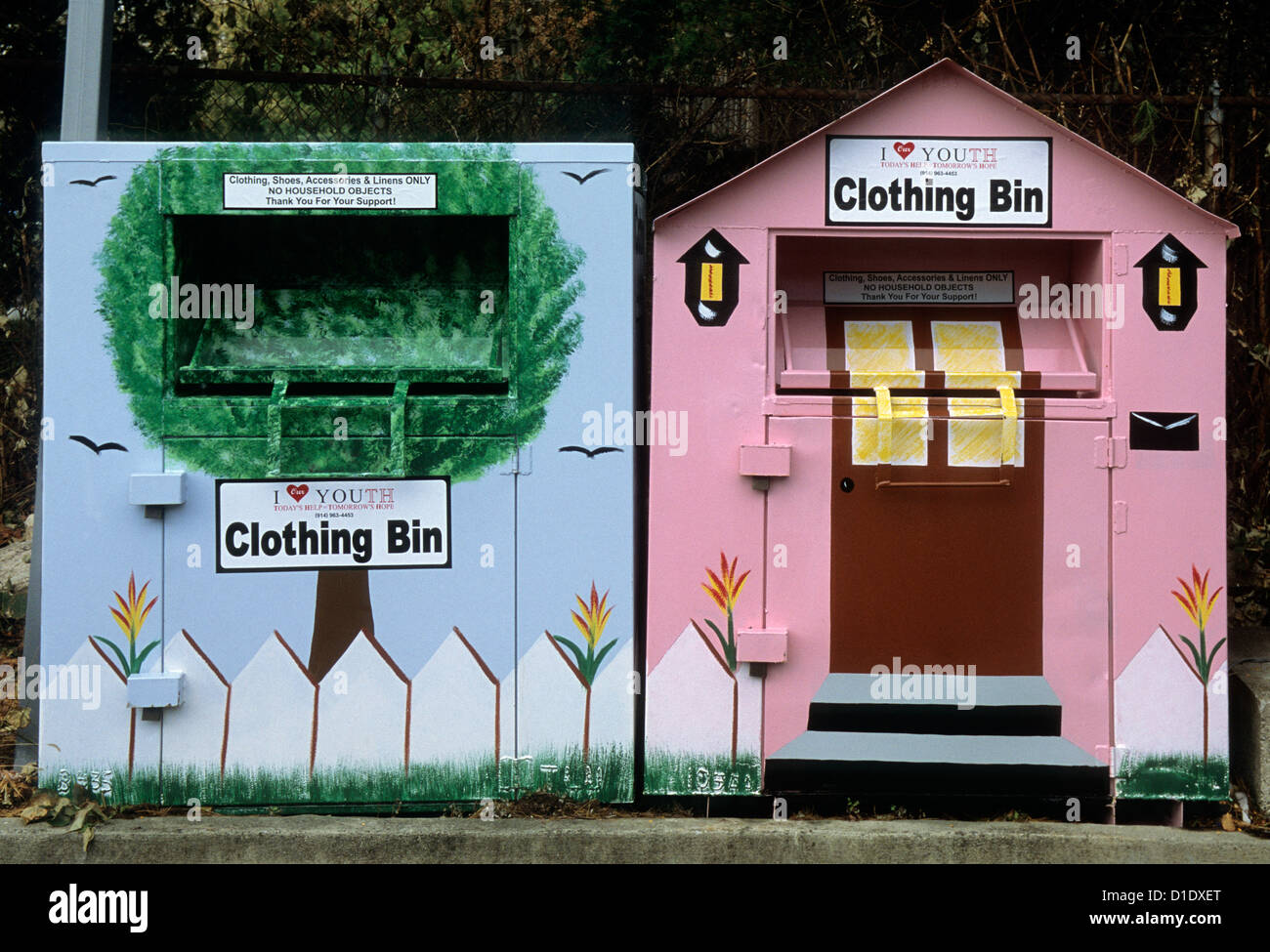 Charity collection bin. Painted miniature houses. Clothing bins for ...
