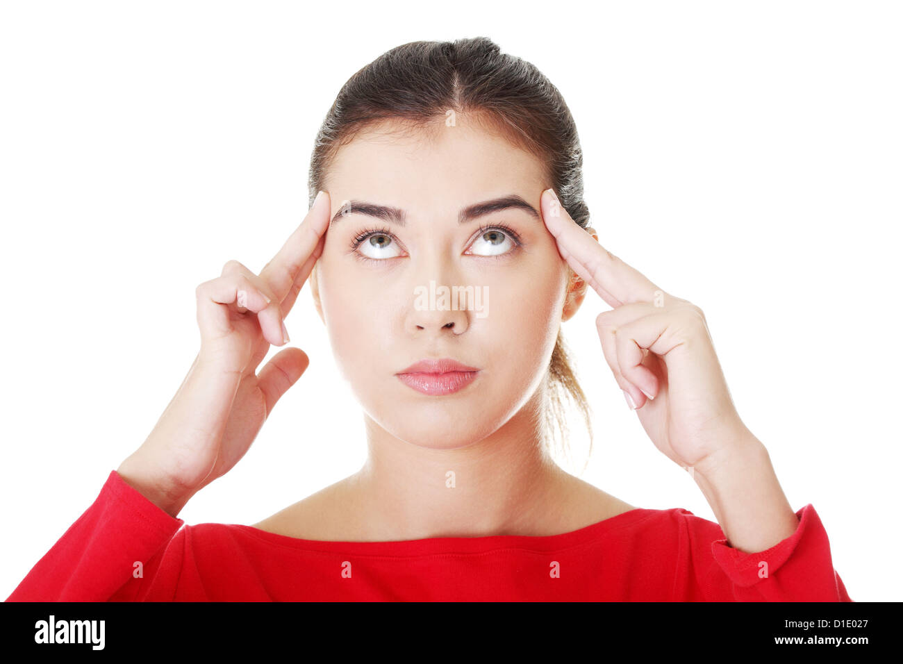 Thoughtful female student looking up, isolated on white Stock Photo - Alamy