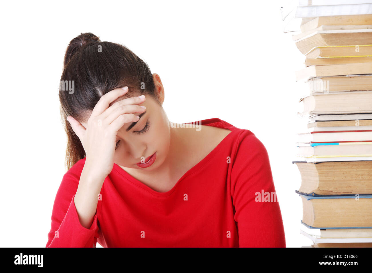 Sad female student with learning difficulties , isolated on white Stock ...