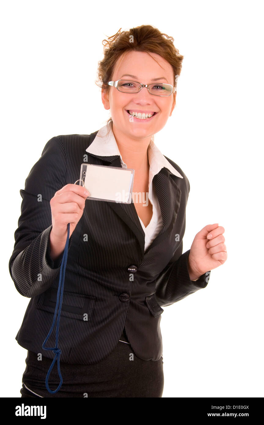 Smiling business woman with clear presenting card isolated on white ...