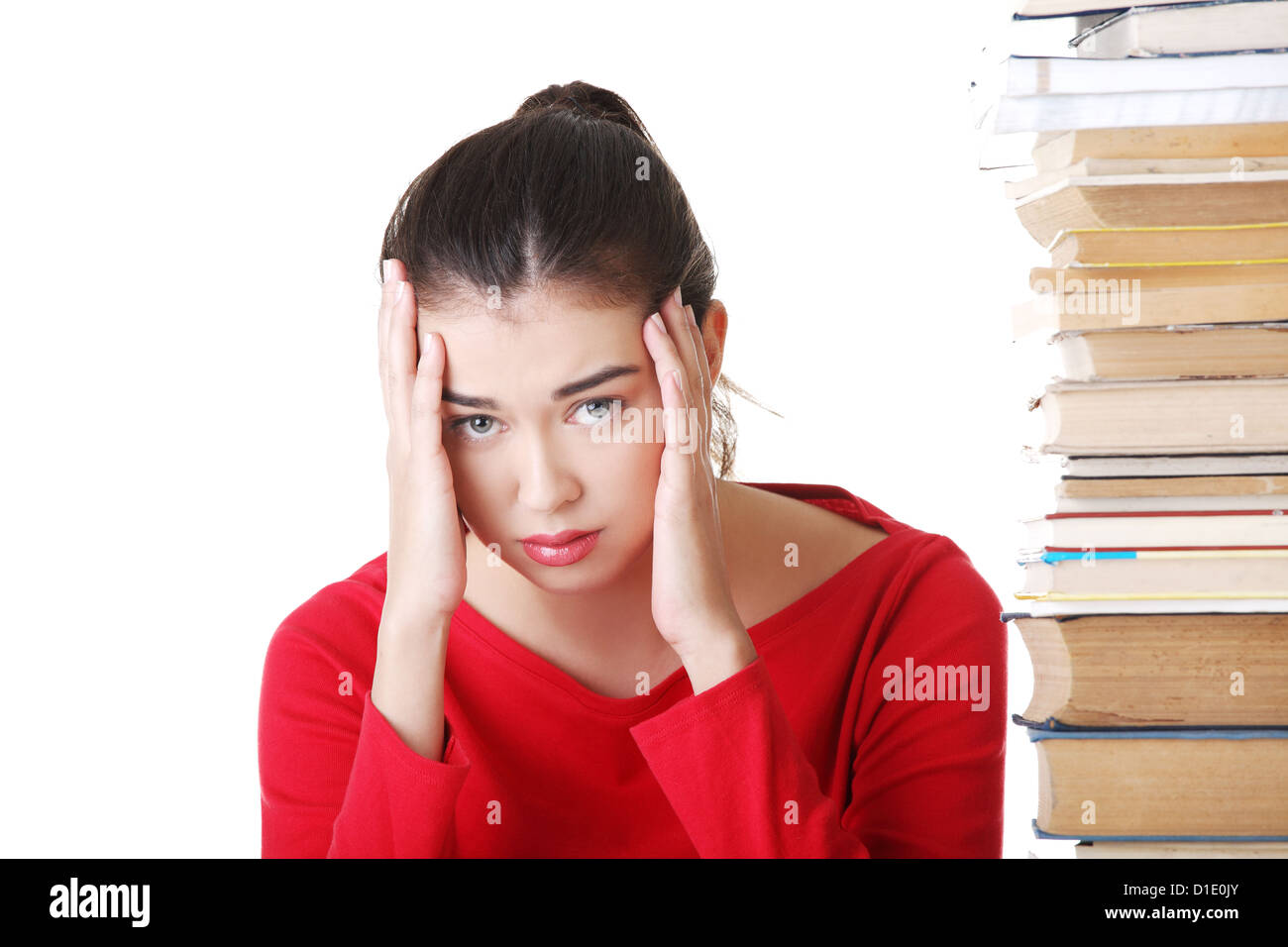Sad female student with learning difficulties , isolated on white Stock ...