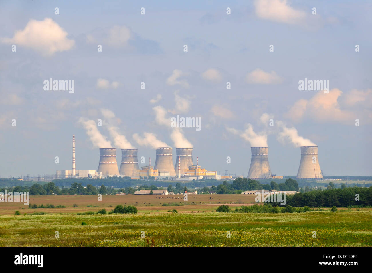 A coal-fired power station with beautiful blossom field and blue sky ...