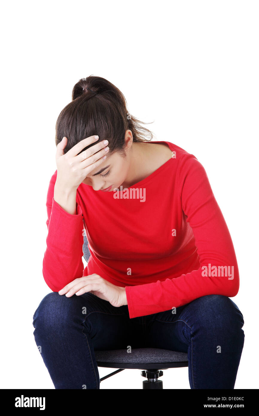 Thoughtful woman with problem or depression, isolated on white Stock ...