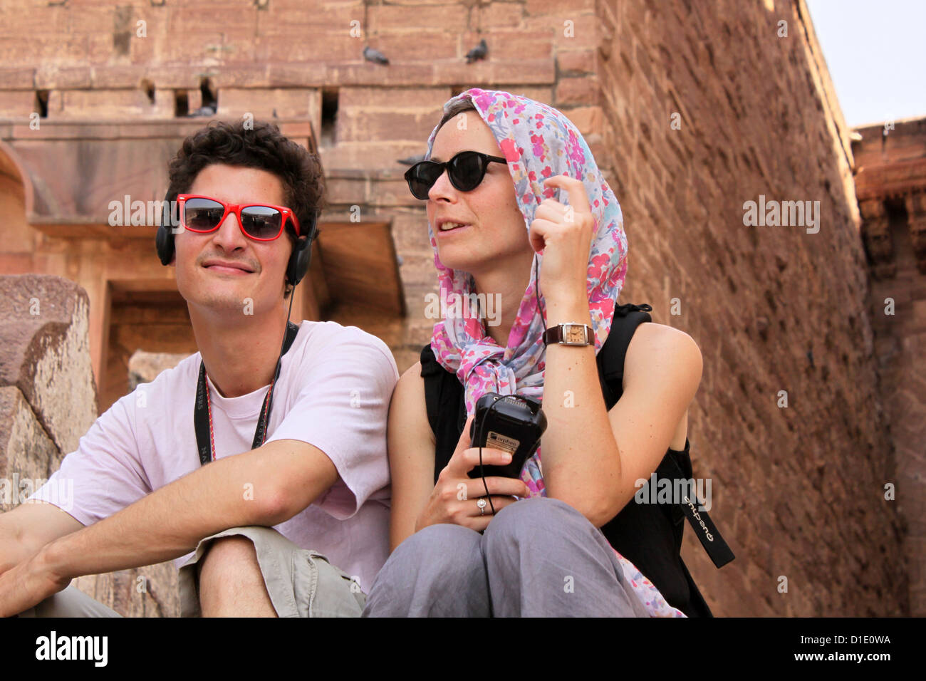 Tourists listening to audio guide jodhpur fort rajasthan india Stock ...
