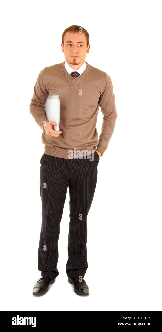 Young serious business men with documents isolated on white background ...