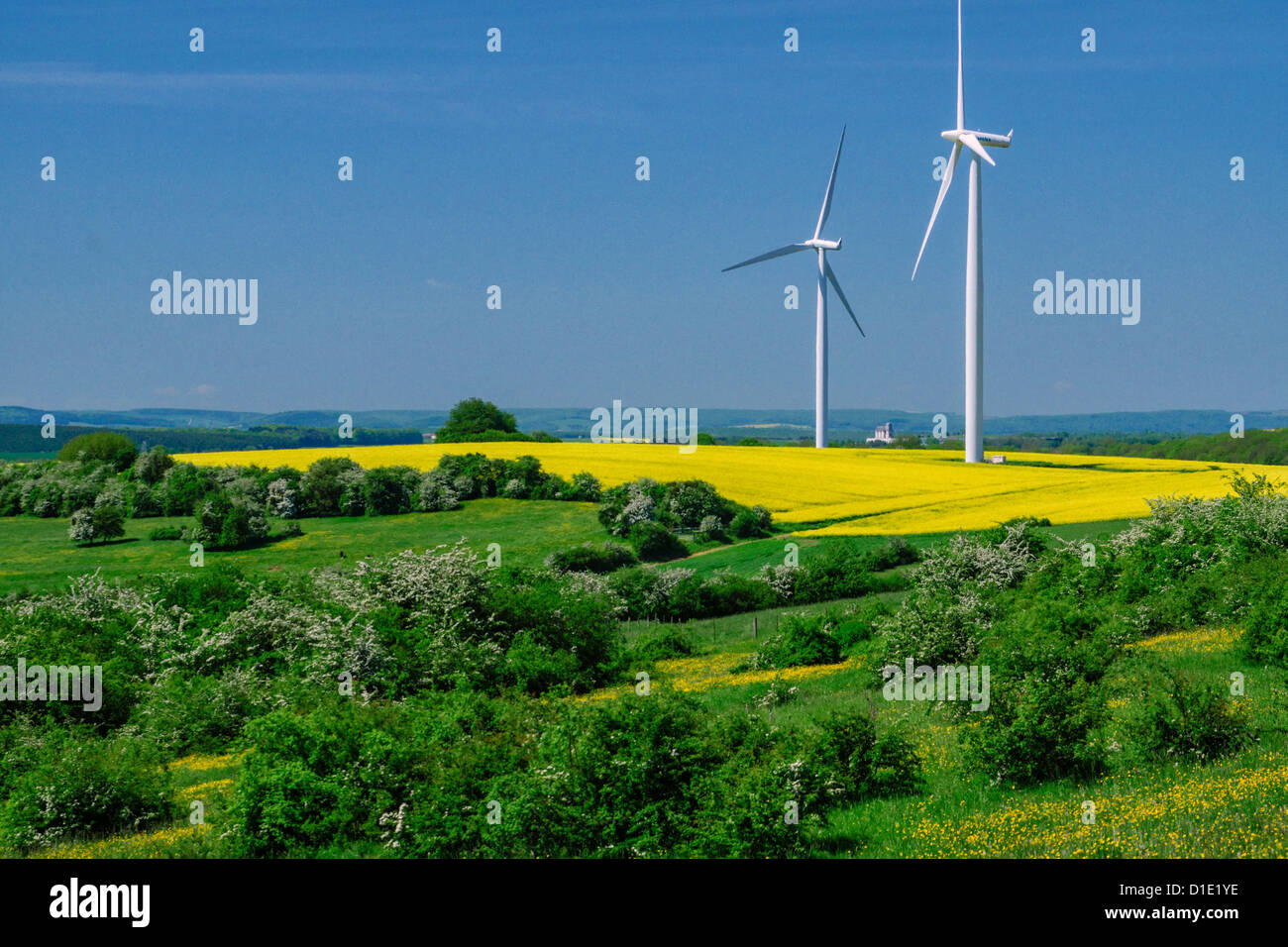 La Ferte, France. Wind turbines in a pastoral rape field Stock Photo ...