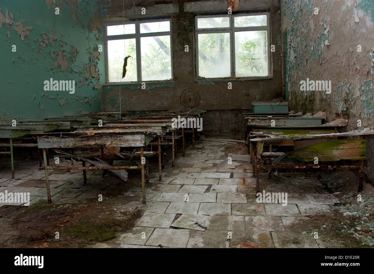 Chernobyl disaster results. This is classroom in abandoned school in ...