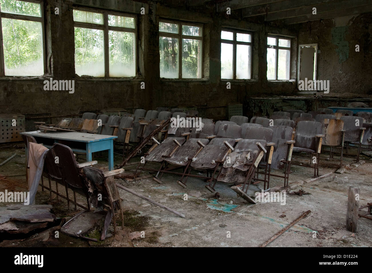 Chernobyl disaster results. This is conference hall in abandoned school ...