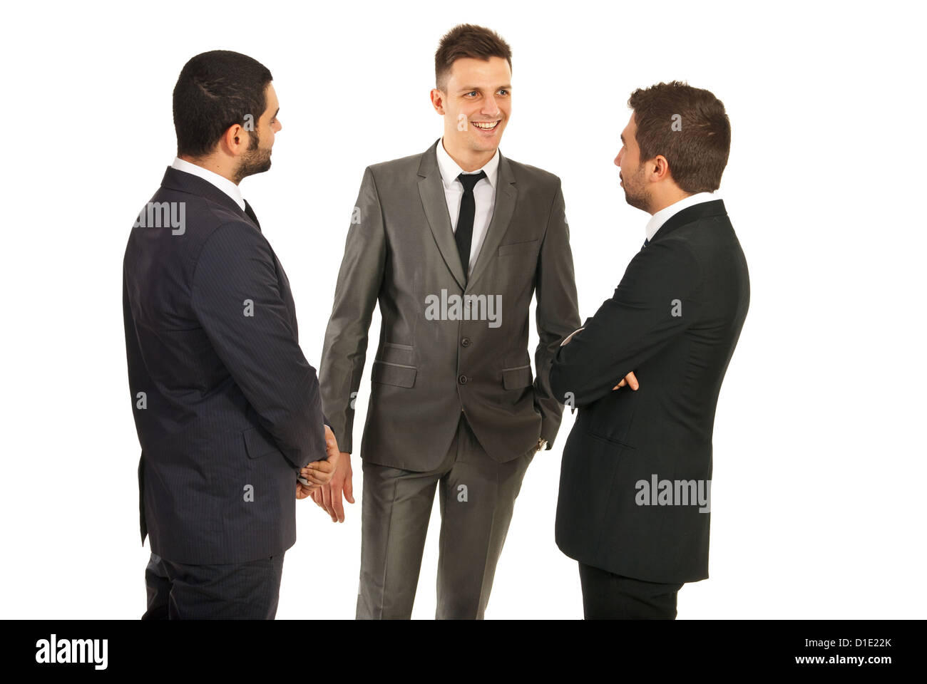 Happy three business men having conversation isolated on white ...