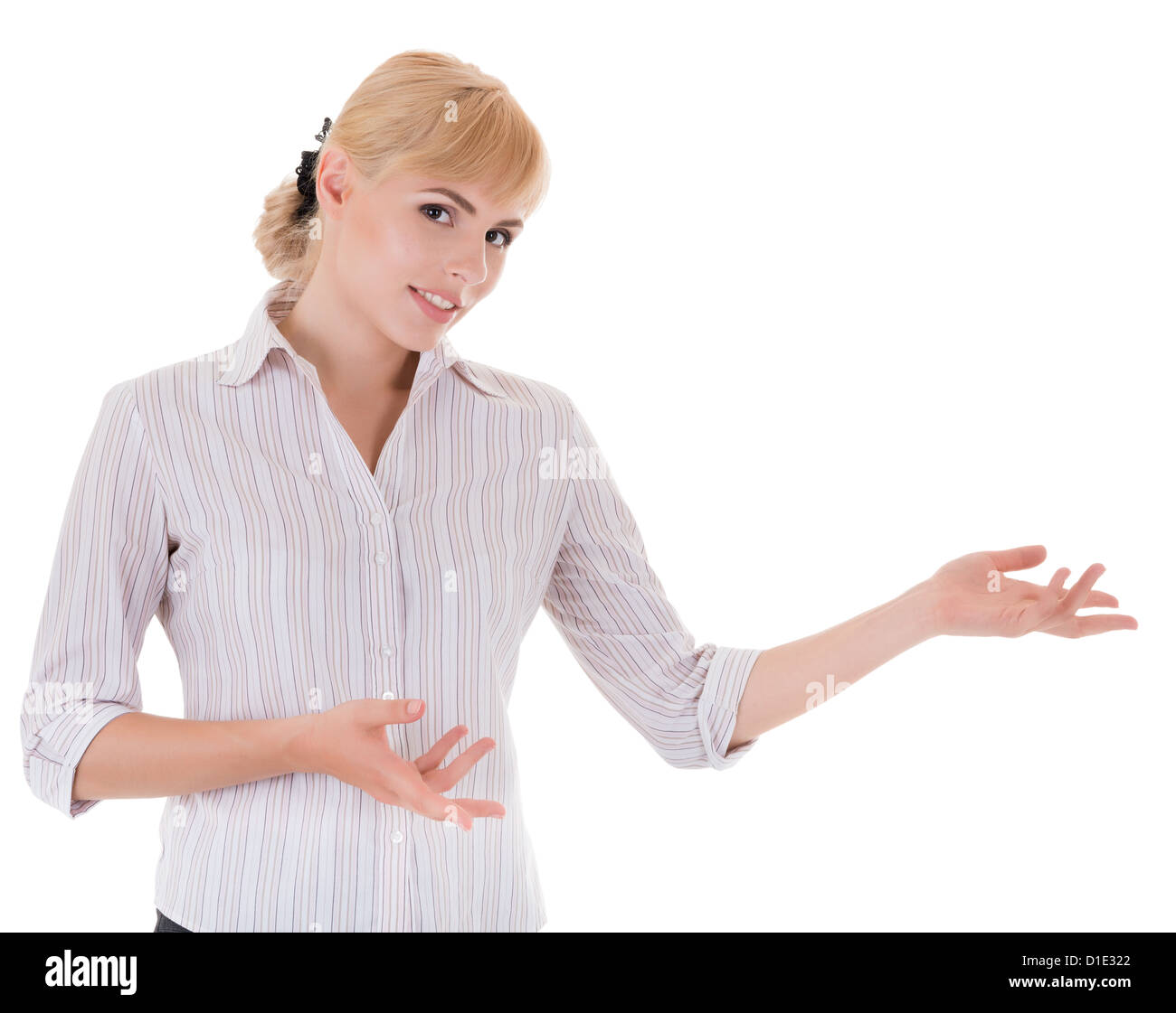 Young woman with welcome gesture, isolated on white background Stock ...