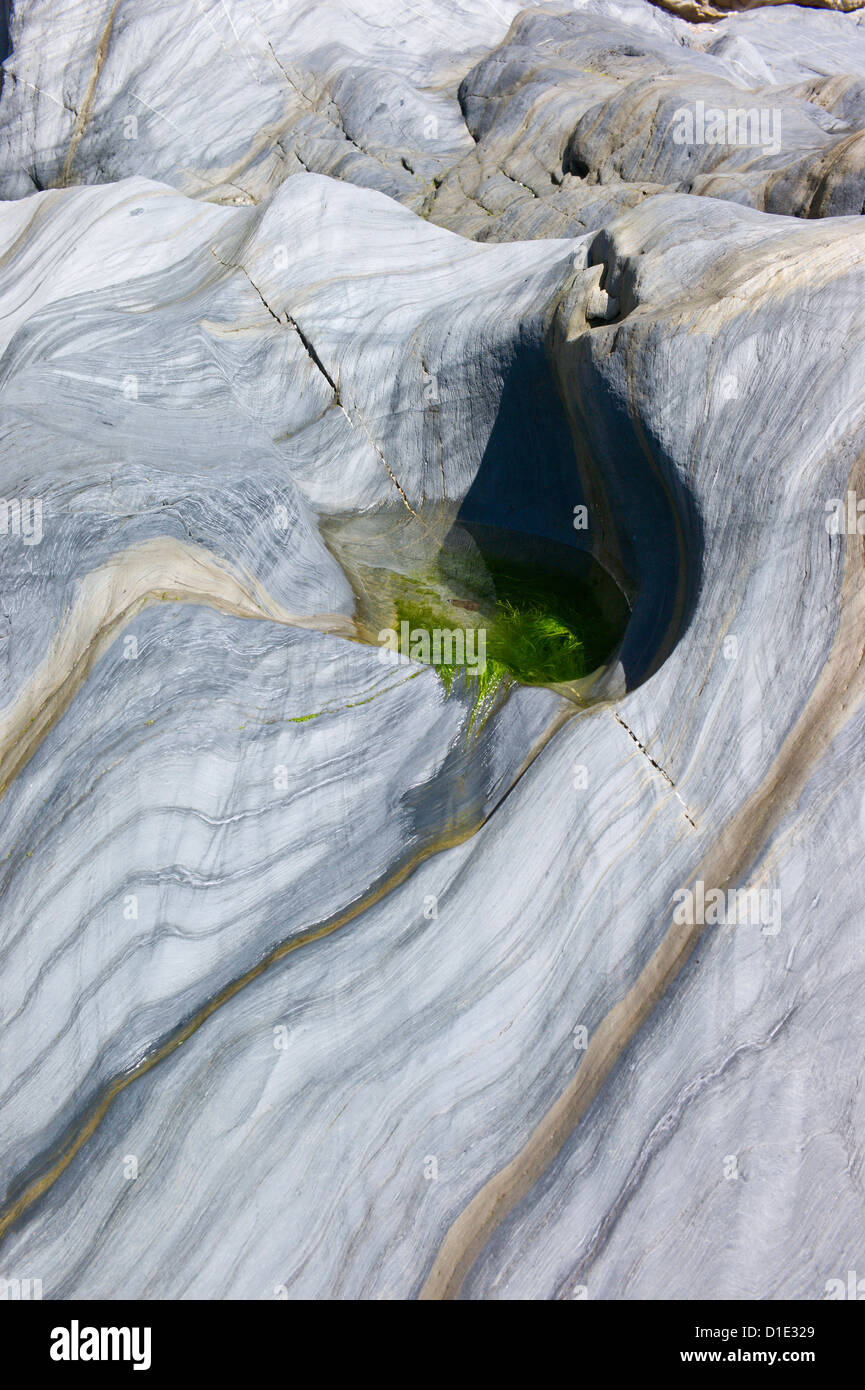 Rock formations and rock pool at Ayrmer Cove, Ringmore, Devon, England ...