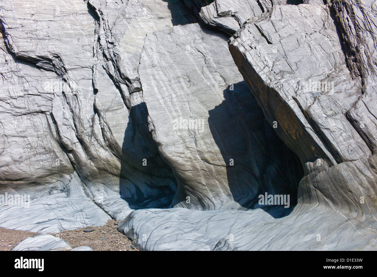 Rock formations on the beach and cliffs at Ayrmer Cove, Ringmore, Devon ...