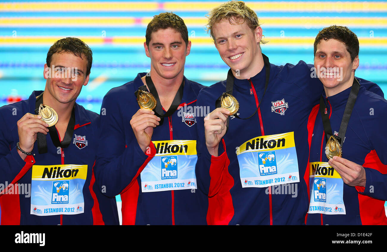 Gold medalist US team (l-r) members Ryan Lochte, Conor Dwyer, Matthew ...