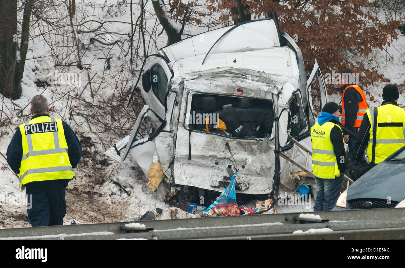 Complete destroyed van stands next to the highway A12 in Frankfurt/Oder ...