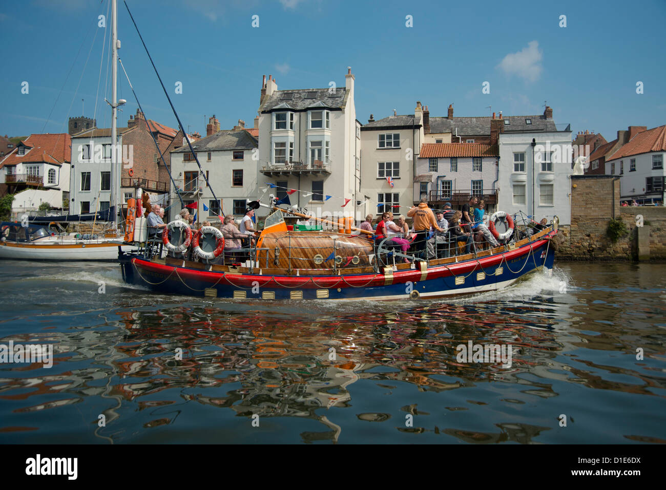 A colourful wooden sightseeing boat in Whitby Harbour in Yorkshire ...
