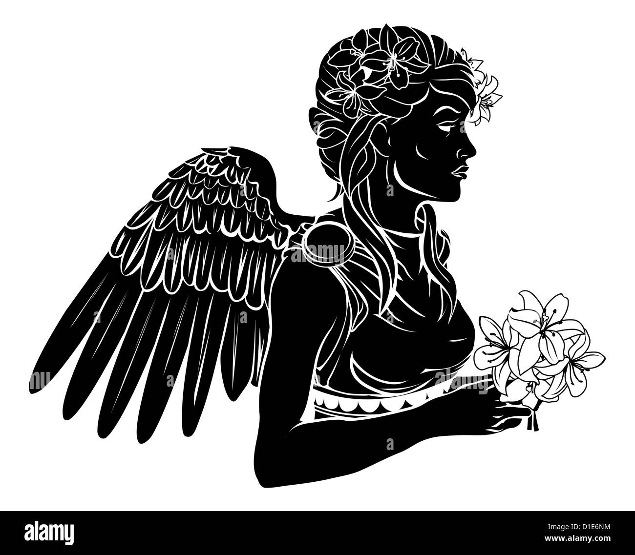 An illustration of a stylised black angel woman perhaps an angel tattoo ...