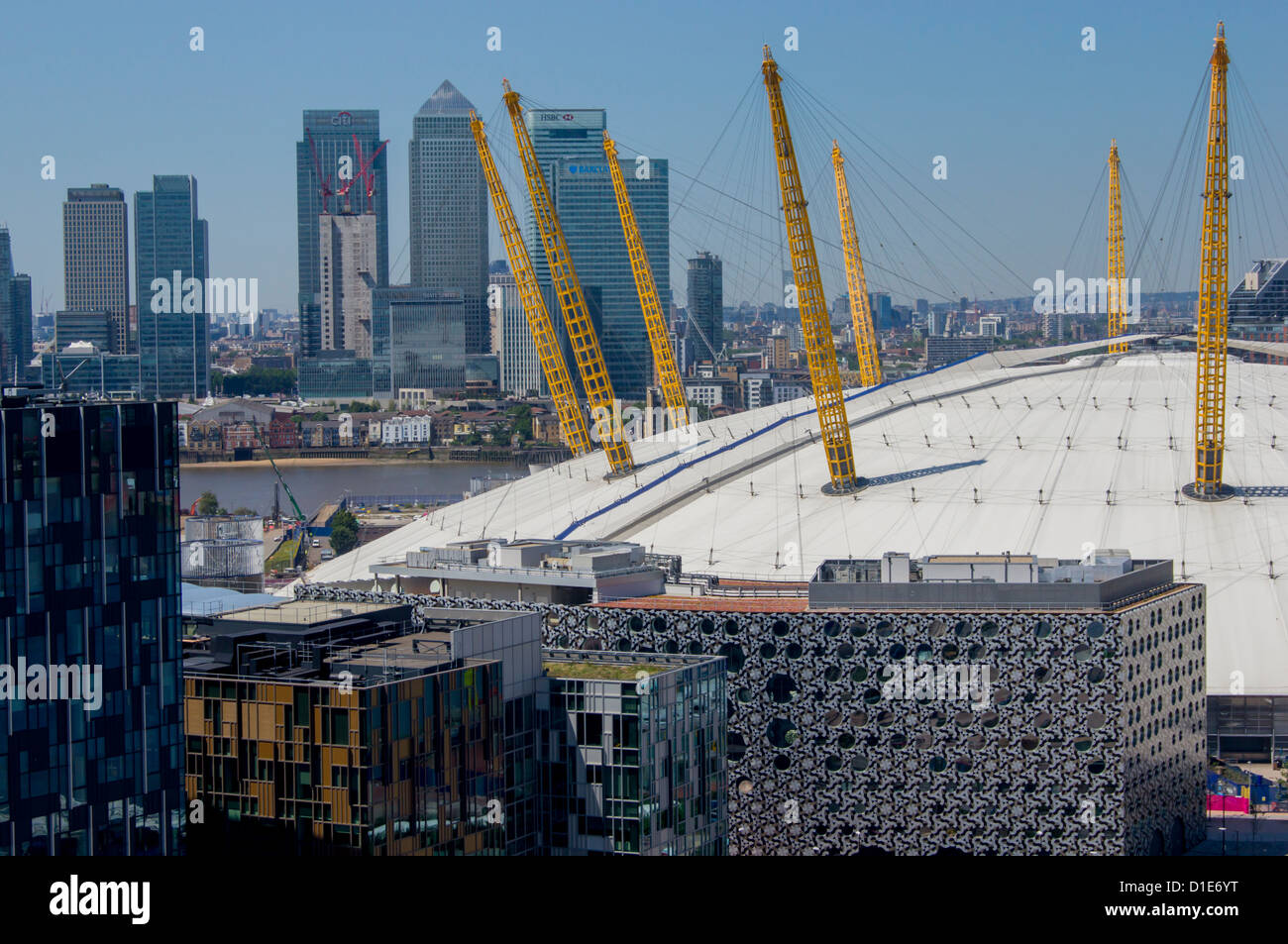 O2 Arena, with Canary Wharf behind, London, England, United Kingdom ...